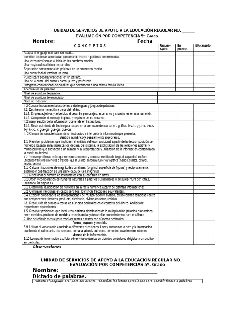 Evaluación Quinto Grado | PDF