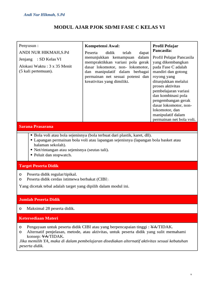 Modul Ajar Kela 6 Pjok | PDF