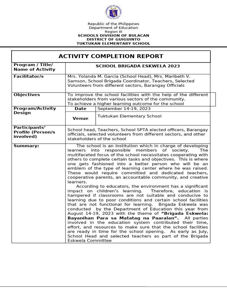 2023 2024 Acr Tuktukan Es Brigada Eskwela | PDF