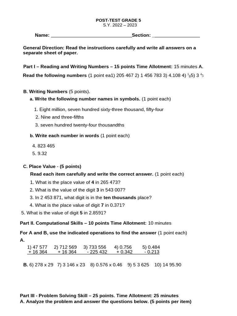 Grade 5 Project An Assessment Tool (Post Test) | PDF