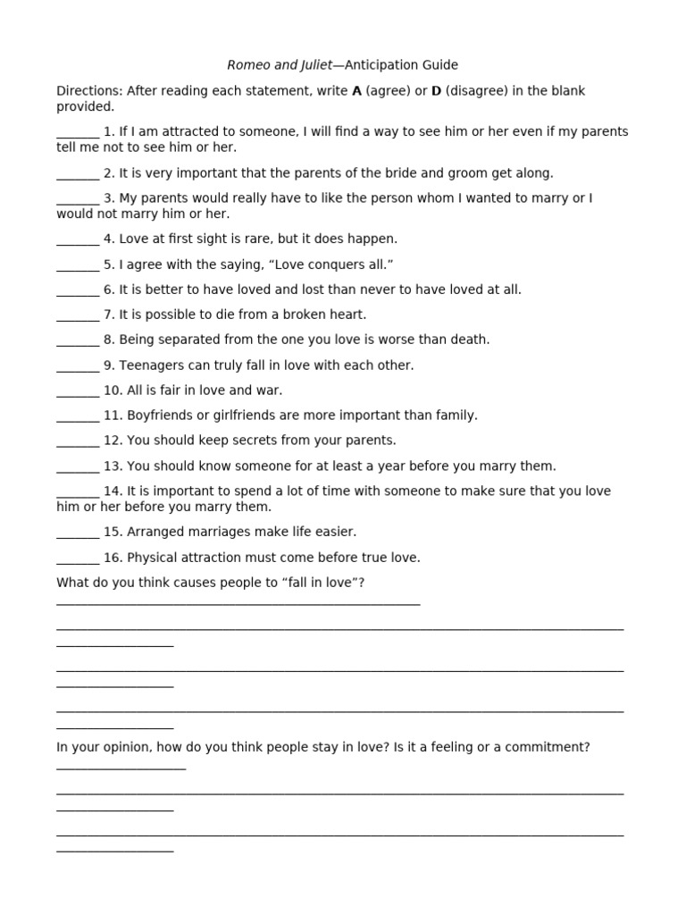 9 Romeo and Juliet-Anticipation Guide | PDF | Love