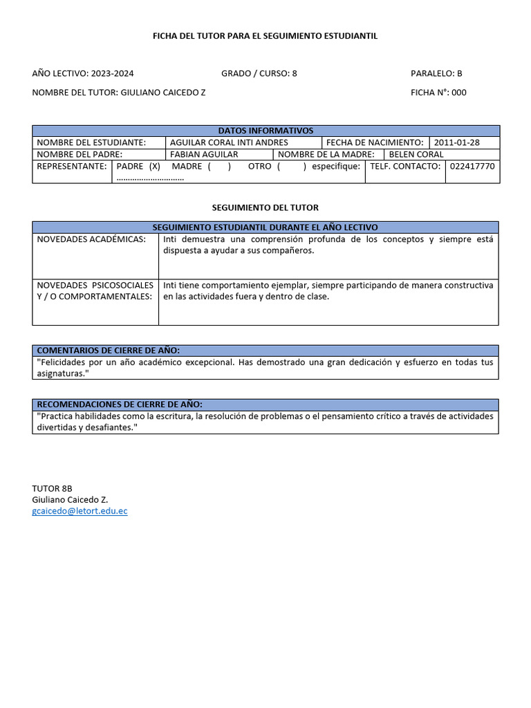 Ficha de Seguimeinto Deltutor - 8B | PDF