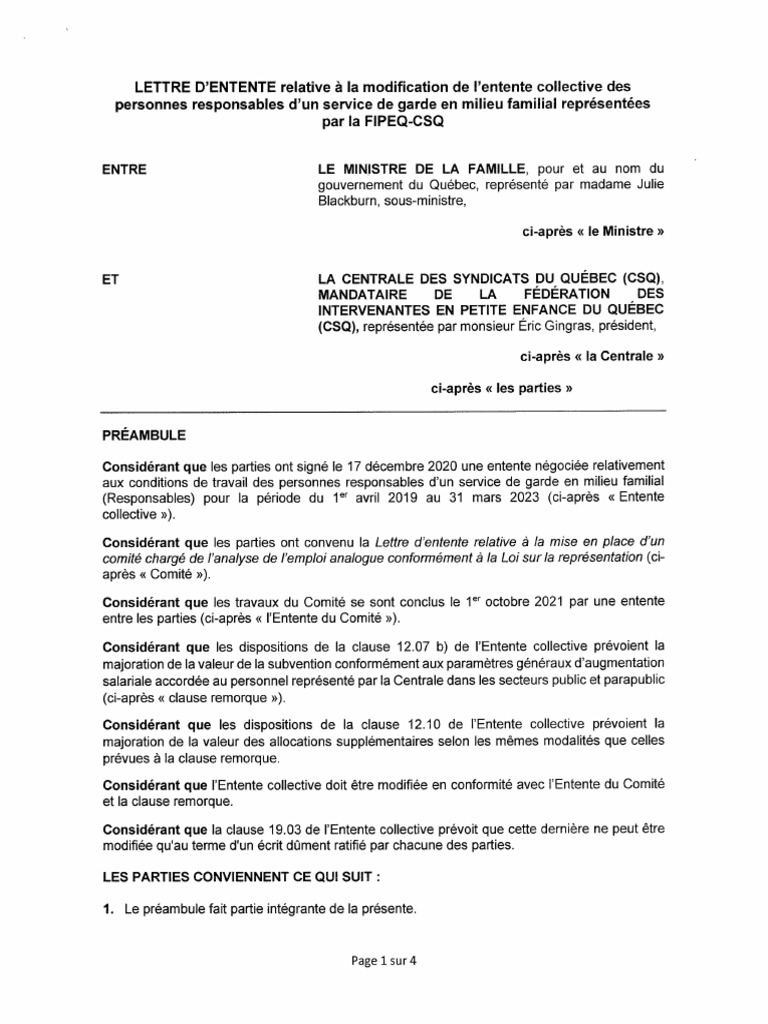 Lettre Entente FIPEQ CSQ | PDF