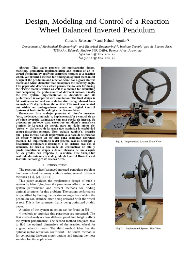 Design, Modeling and Control of A Reaction Wheel Balanced Inverted Pendulum | PDF