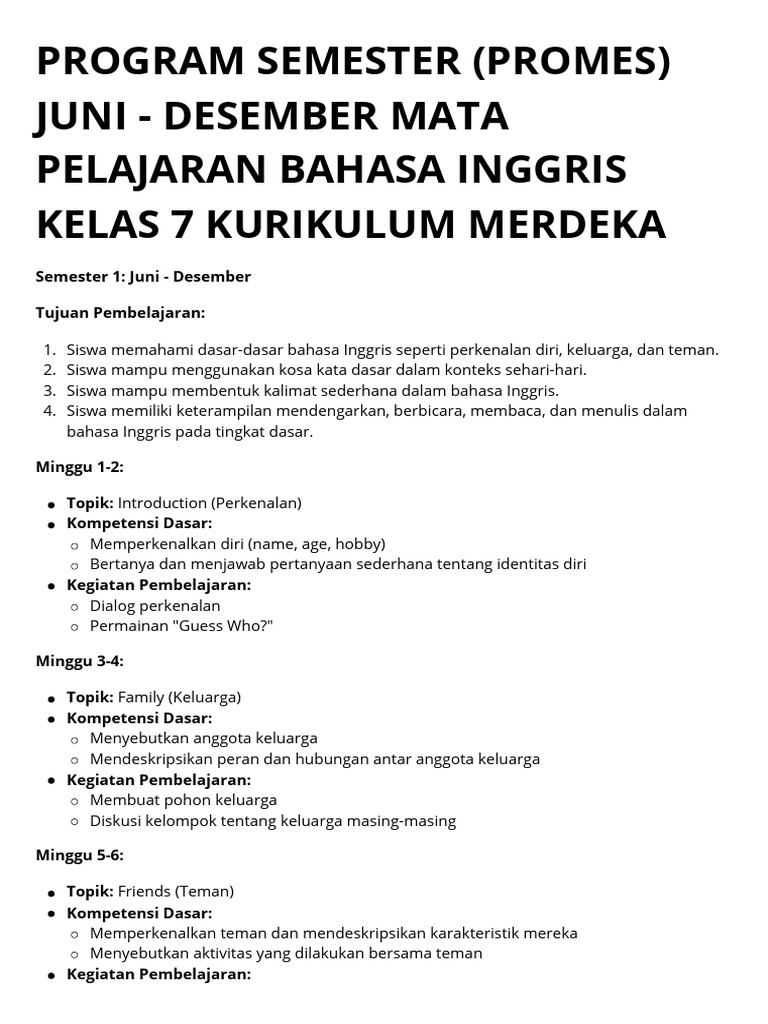 Program Semester (Promes) Juni - Desember Mata Pelajaran Bahasa Inggris Kelas 7 Kurikulum ...