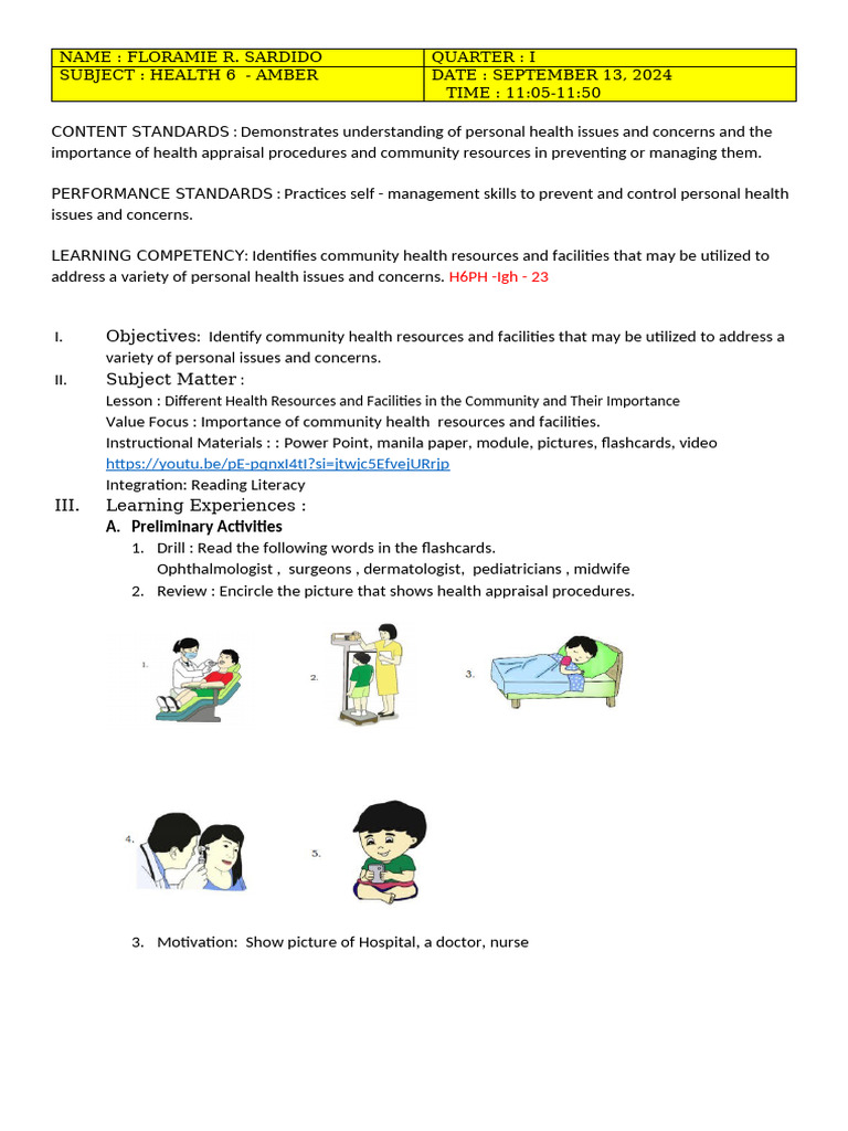Lesson Plan in Health 6 COT 1 2024-2025 | PDF