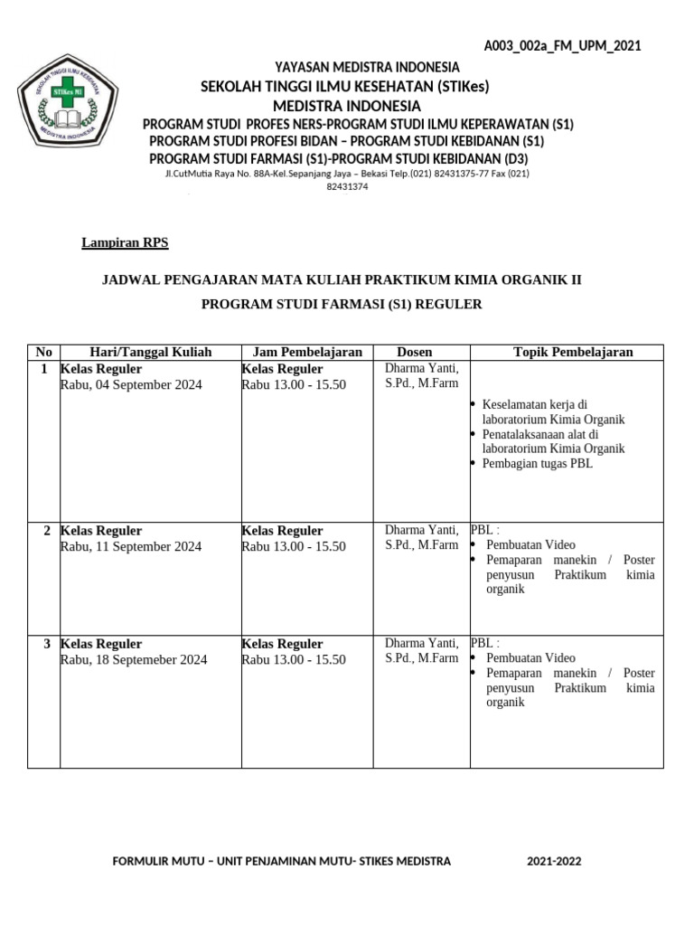 Lampiran RPS 3 24.25 - Kimia Dasar | PDF