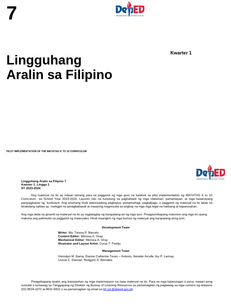 LE - FILIPINO 7 - Q1 - WEEK 1 - v2 | PDF