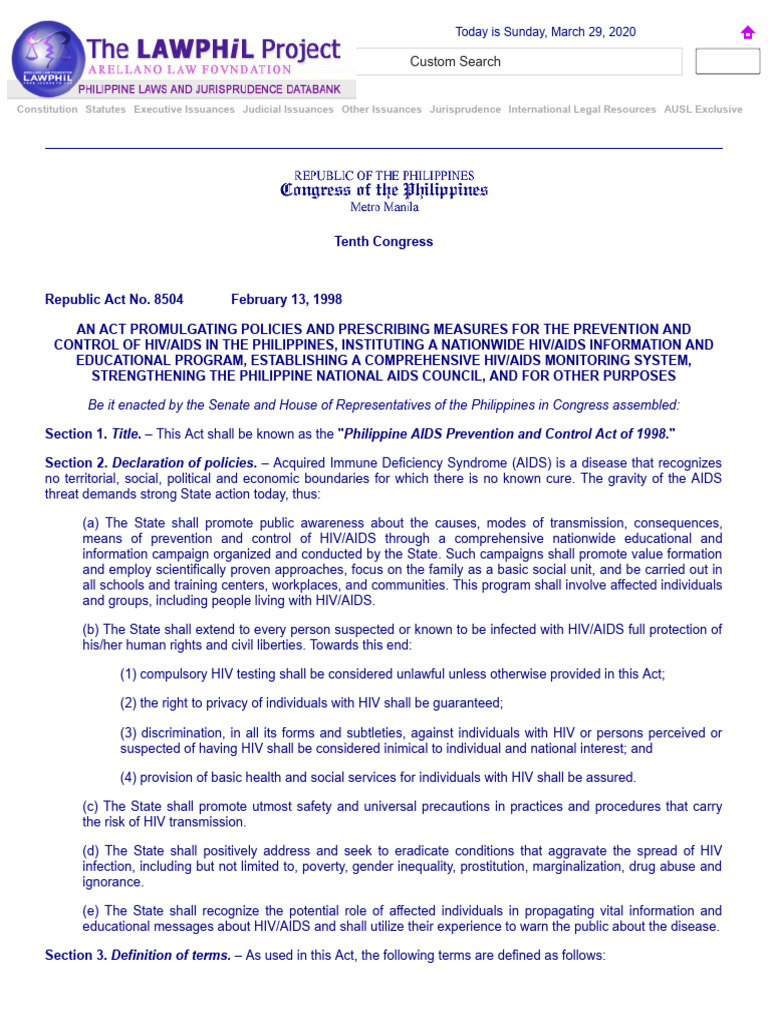 R.A. 8504 Philippines AIDS Prevention and Control Act of 1998 | PDF