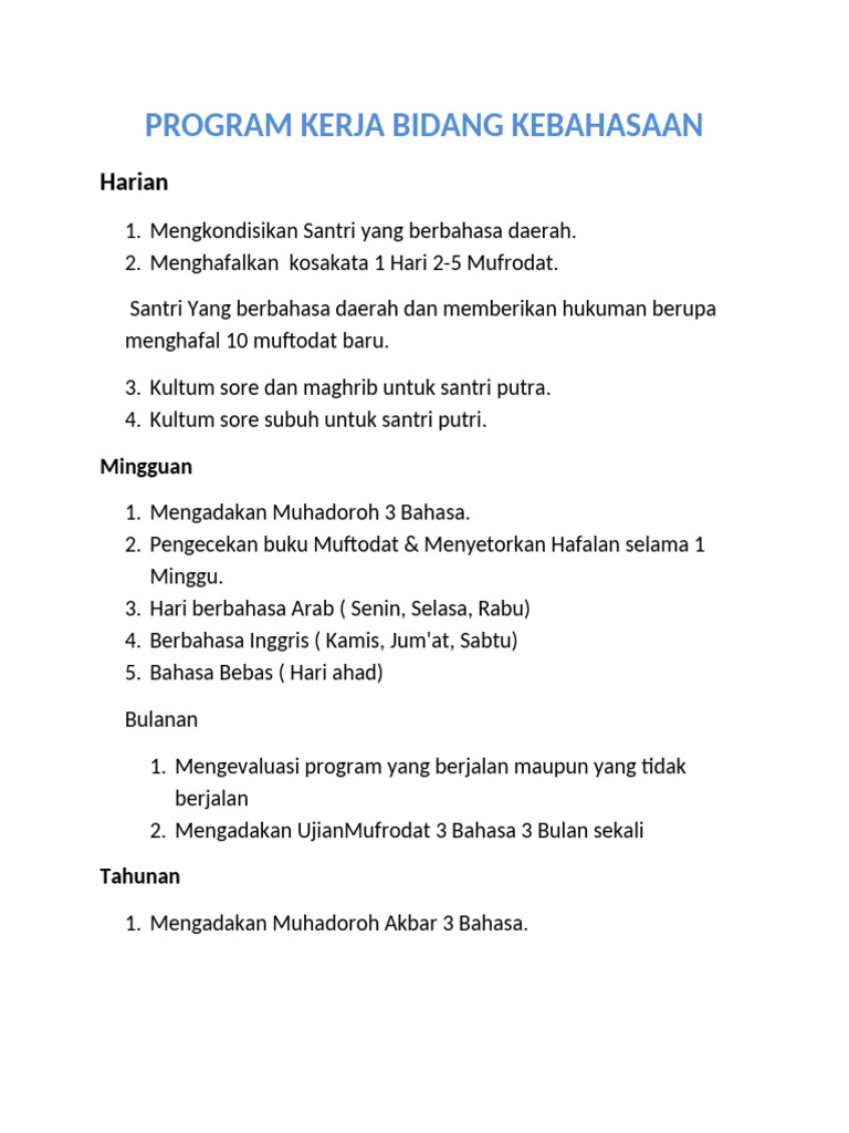 Program Kerja Bidang Kebahasaan | PDF