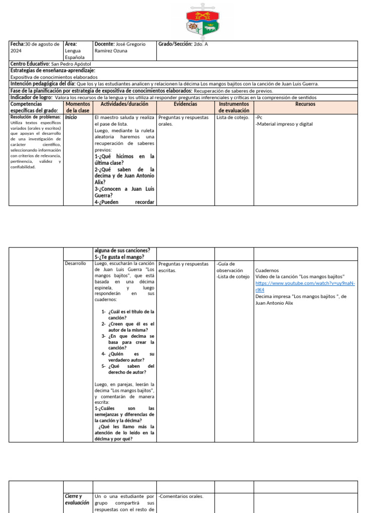 Planificación Diaria LENGUA ESPAÑOLA 2DO | PDF