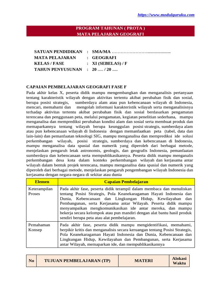 Prota Kelas 11 SMA Geografi Fase F | PDF