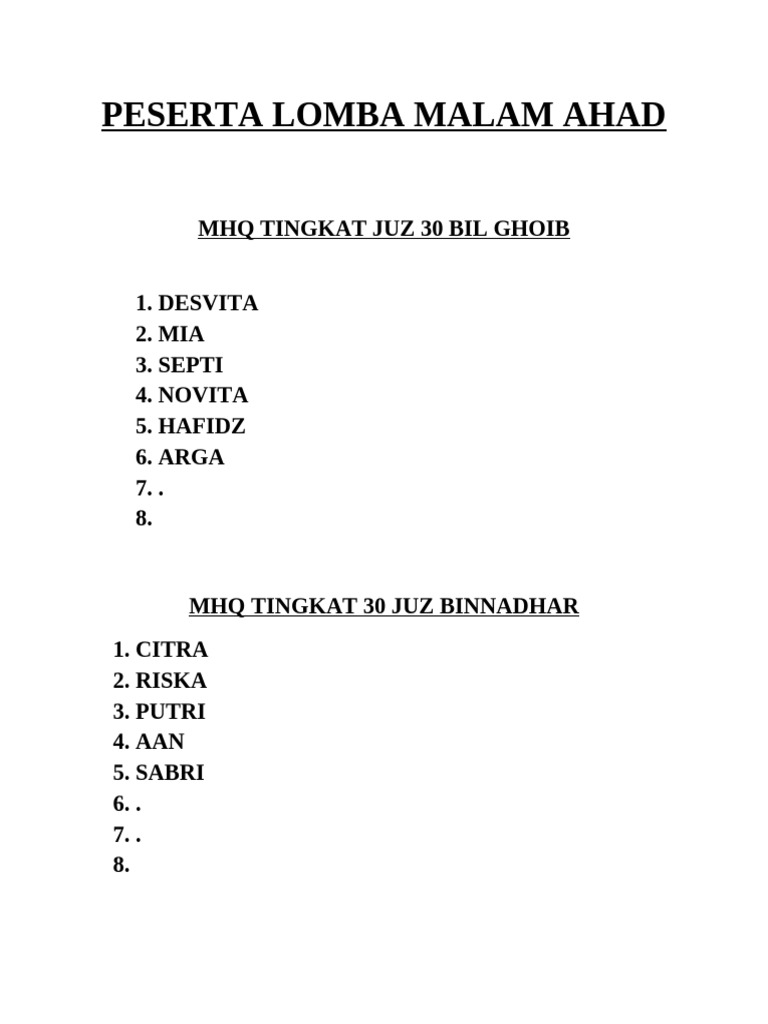 Peserta Lomba Malam Ahad | PDF