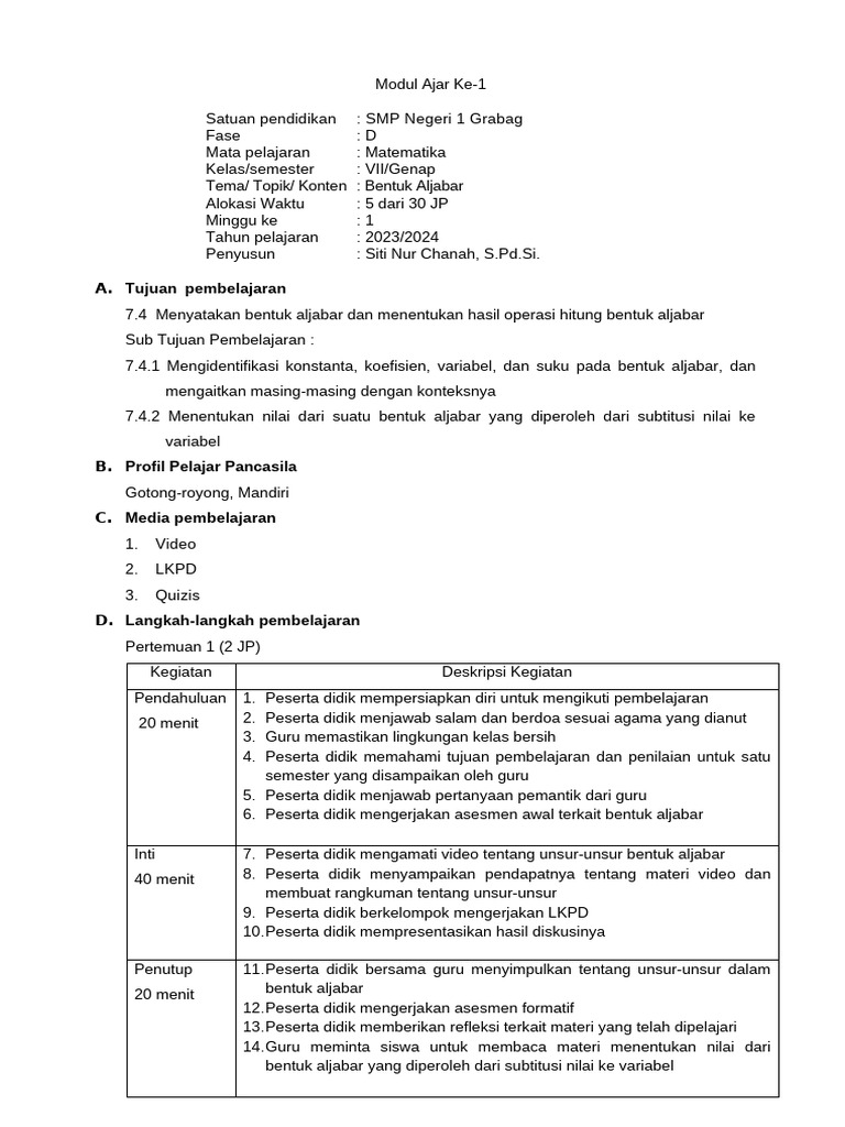 MODUL AJAR BENTUK ALJABAR | PDF