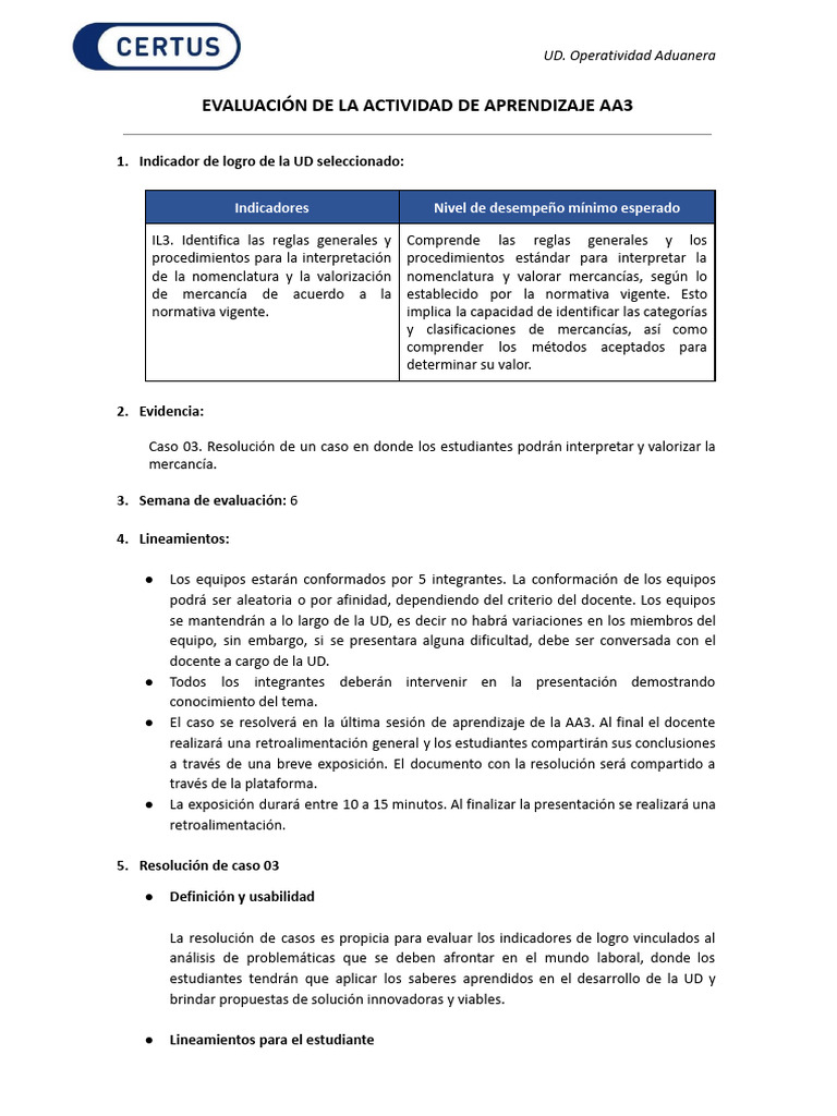 Lineamientos AA3 - OPERATIVIDAD ADUANERA | PDF