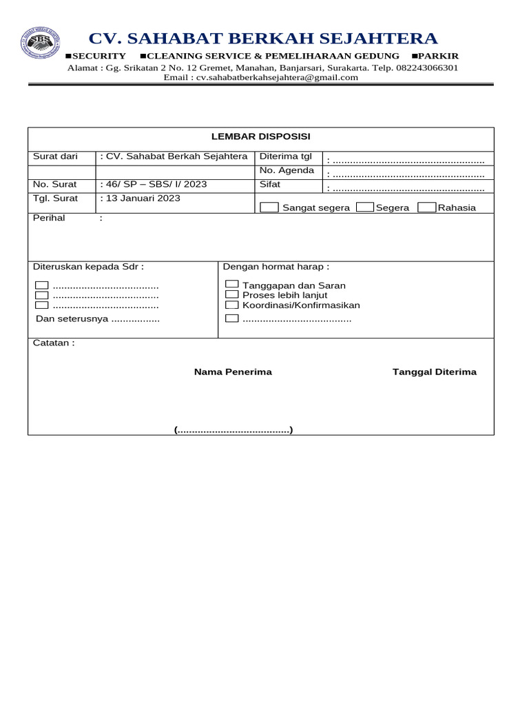 Lembar Disposisi Surat CV The Sunan Hotel Solo Cleambing | PDF