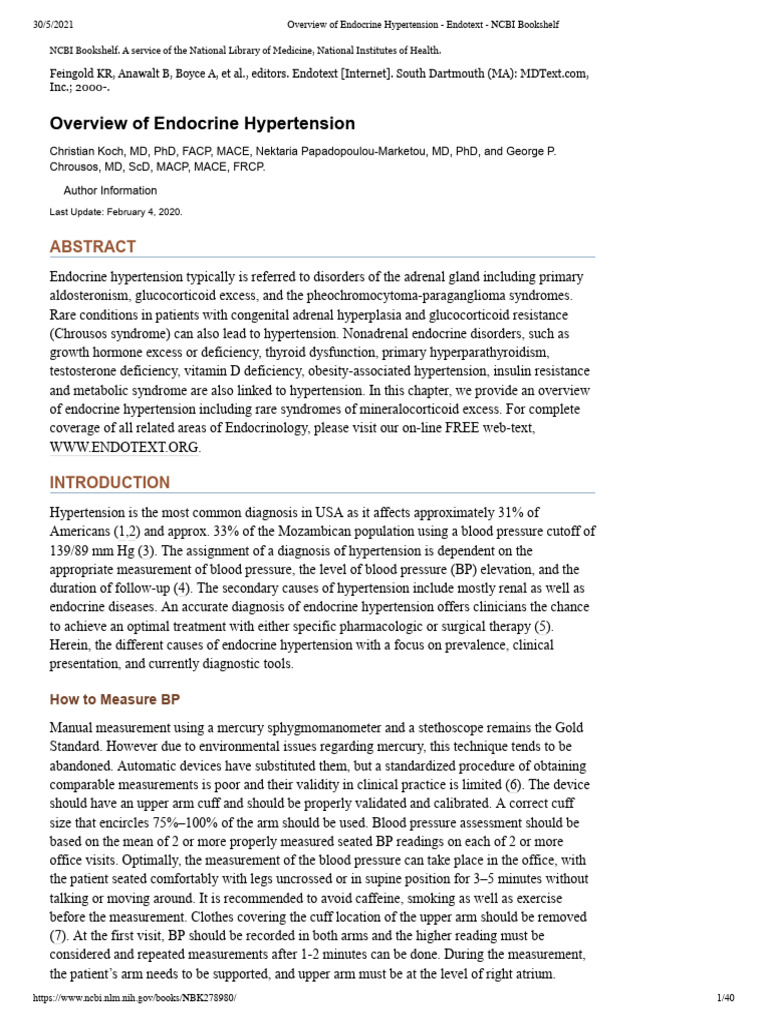Overview of Endocrine Hypertension - Endotext - NCBI Bookshelf | PDF