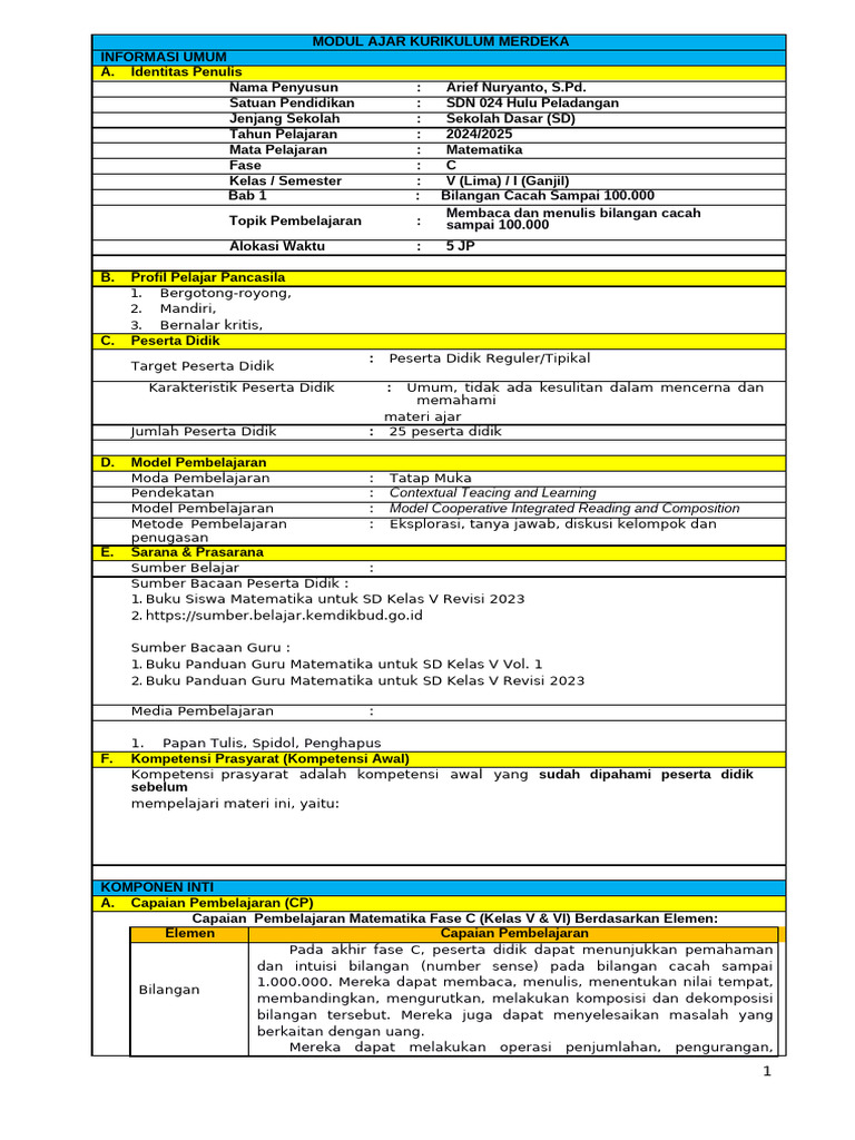 Modul Matematika 5A - Arief Nuryanto | PDF