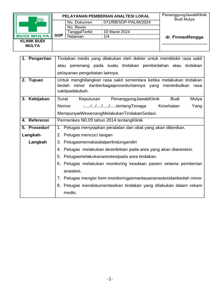 SOP PEMBERIAN ANASTESI LOKAL | PDF