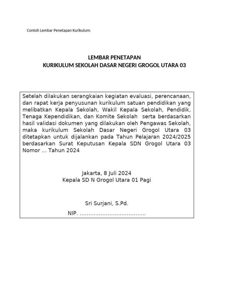 Contoh Lembar Penetapan Kurikulum | PDF