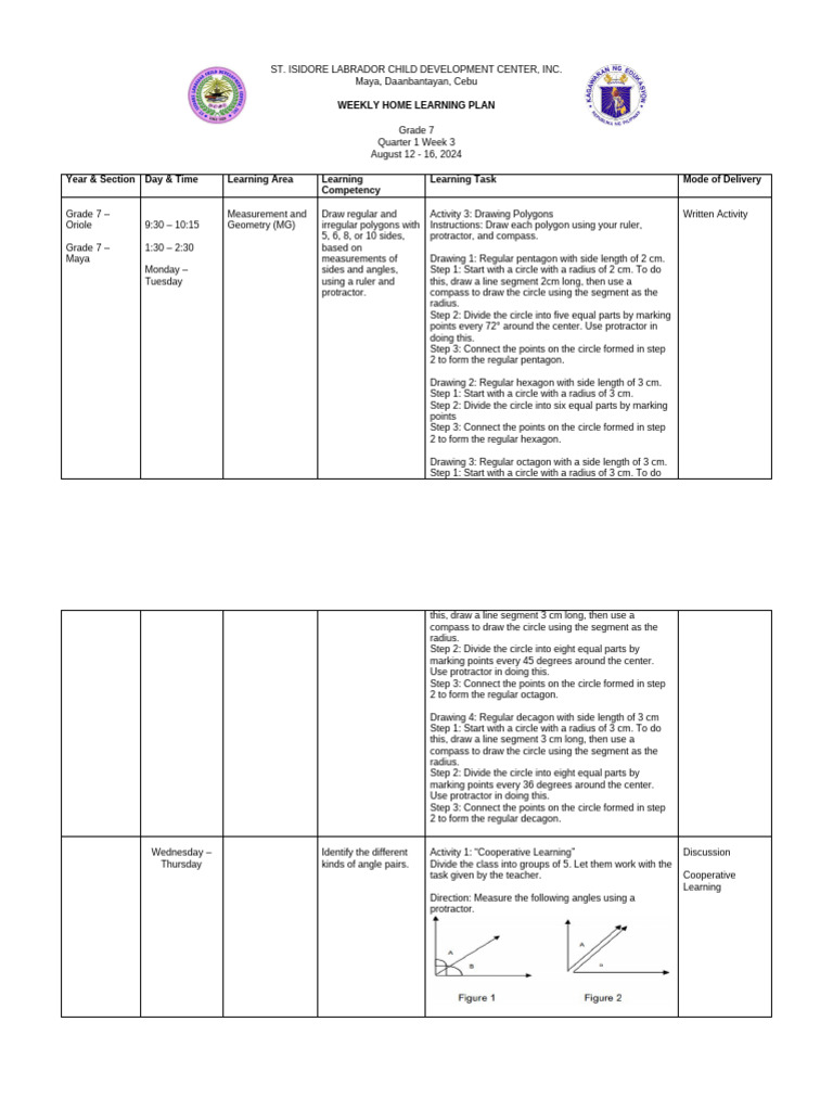Weekly Home Learning Plan | PDF | Circle | Angle