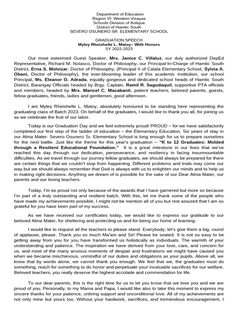 BATCH 2023 Graduation Welcome Address Graduation Speech Grad Prayer | PDF