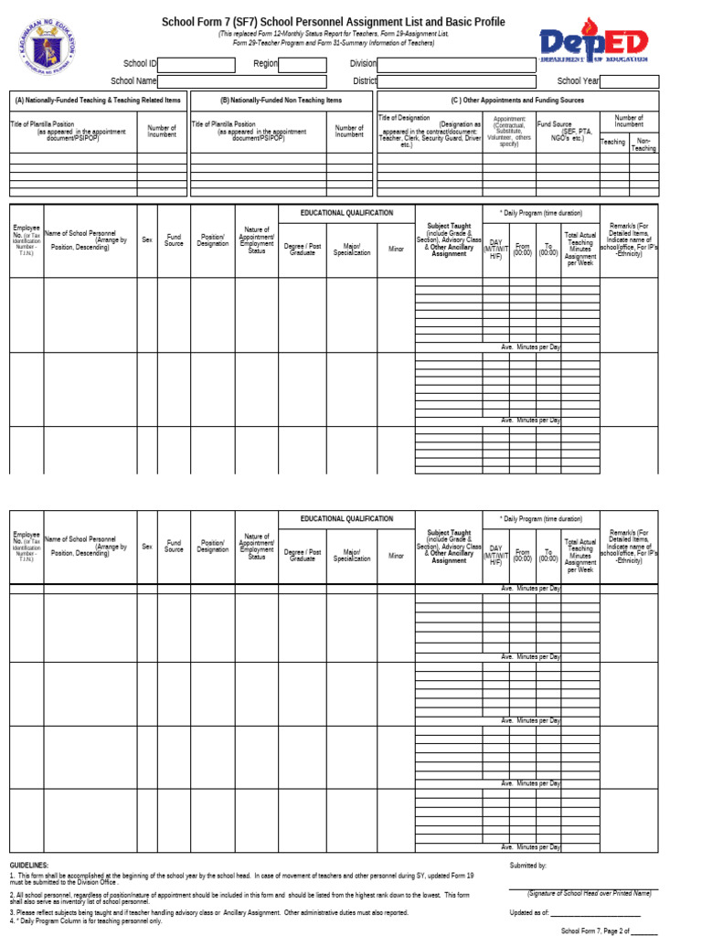 School Form 7 SF7 School Personnel Assignment List and Basic Profile 1 ...