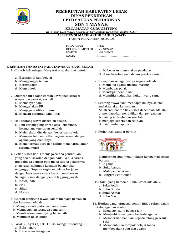 SOAL ASAT PKN KLS 5 & Kisi-Kisi | PDF
