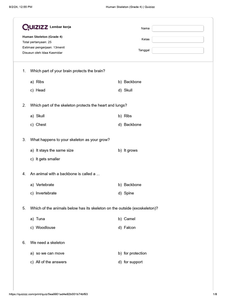 Human Skeleton (Grade 4) _ Quizizz | PDF