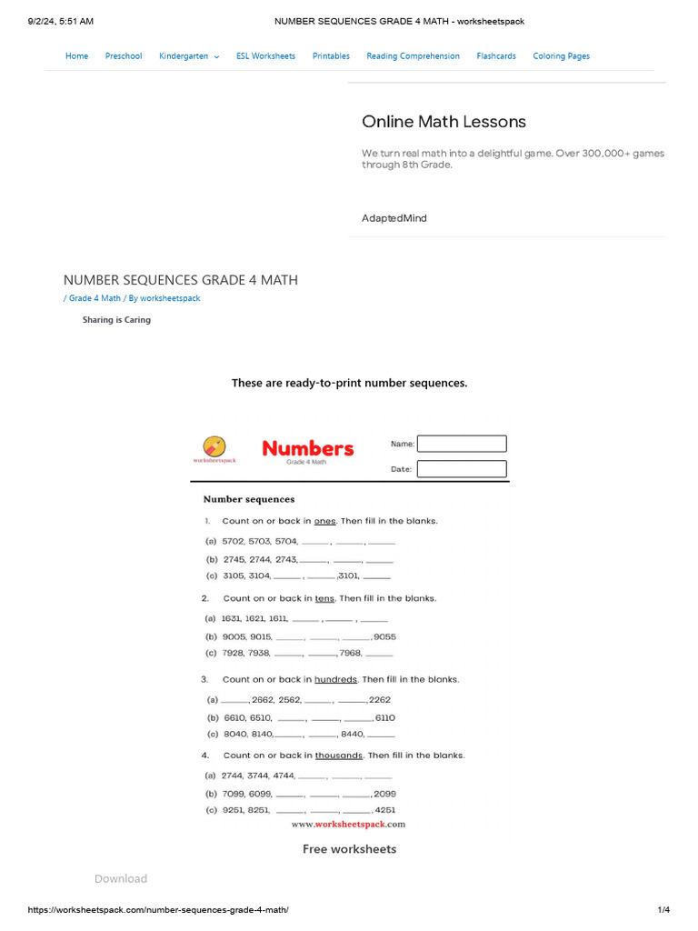NUMBER SEQUENCES GRADE 4 MATH - Worksheetspack | PDF