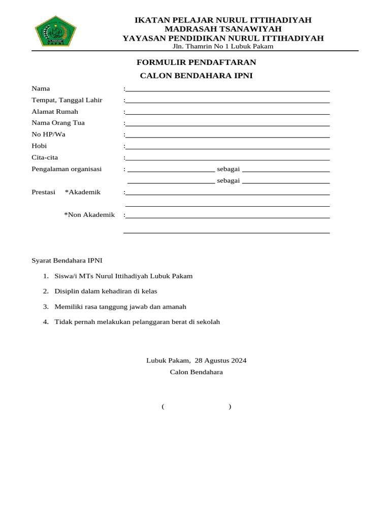 FORMULIR PENDAFTARAN BENDAHARA | PDF