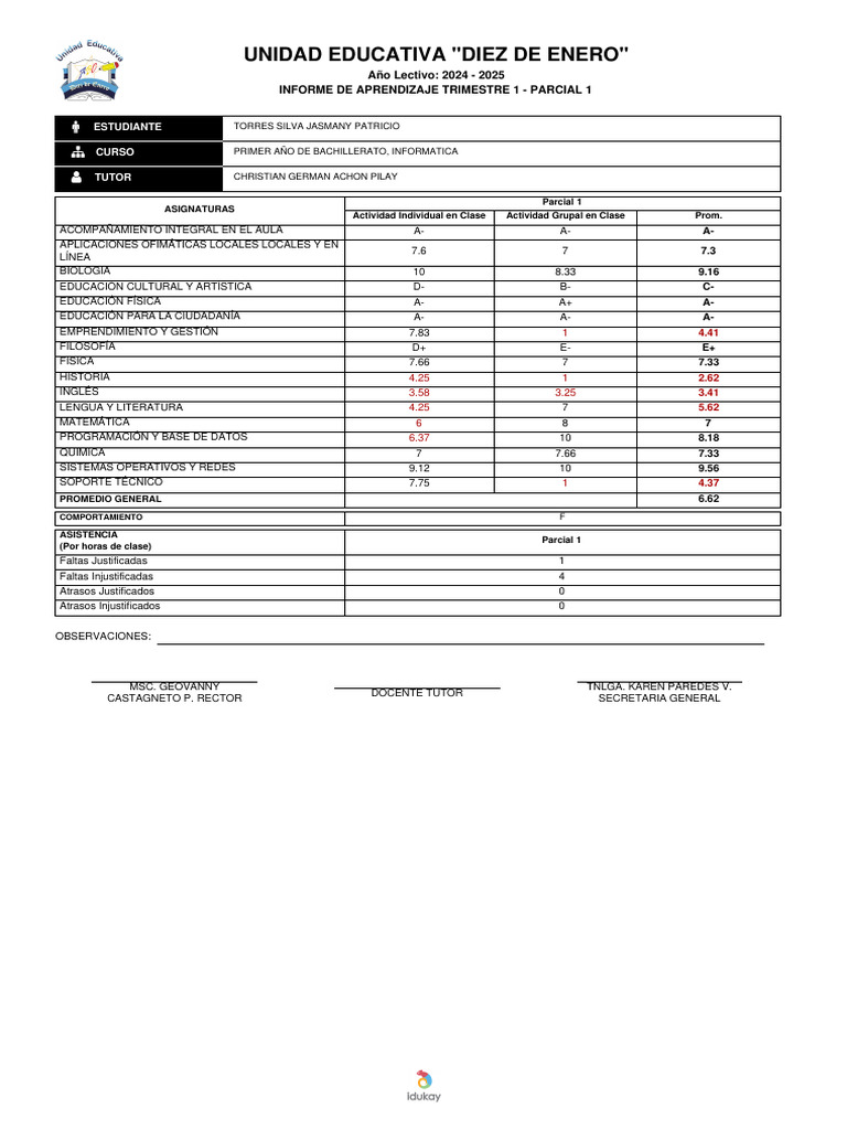 Libreta 2024-2025 Parcial-1 Torres Silva Jasmany Patricio | PDF