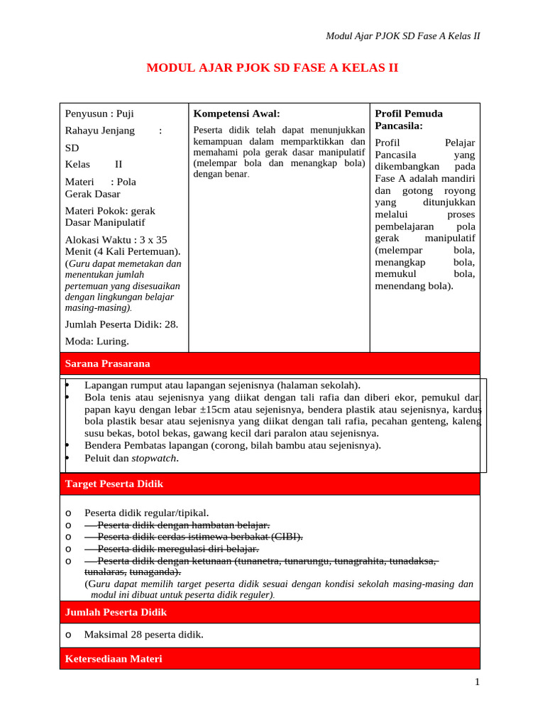 03 Modul Ajar Pjok SD Fase A Kelas 2 Gerak Dasar Manipulatif | PDF