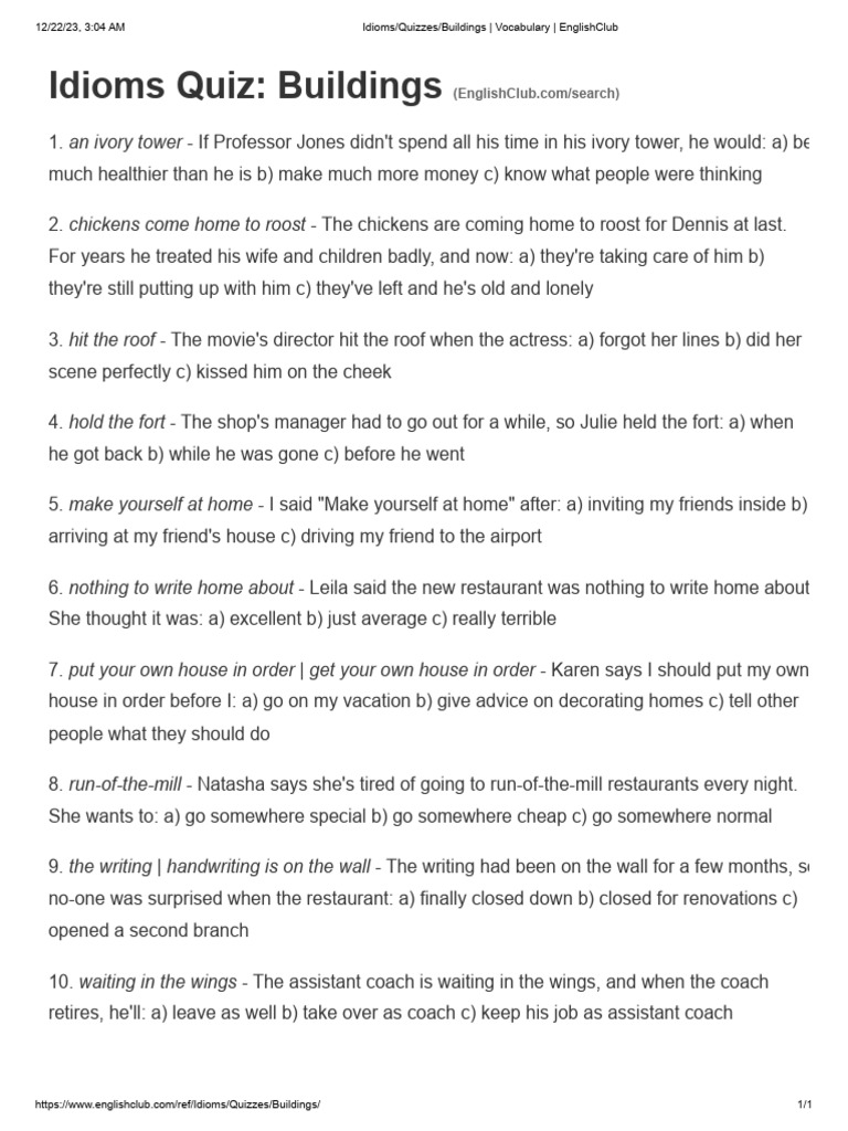 Idioms - Quizzes - Buildings - Vocabulary - EnglishClub | PDF