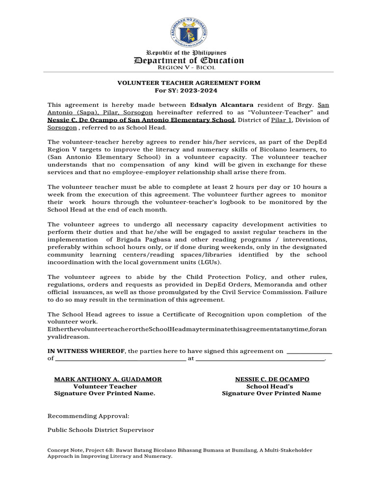 DepEd R5 - VOLUNTEER TEACHER AGREEMENT FORM - Ariel Anzano - Alma ...