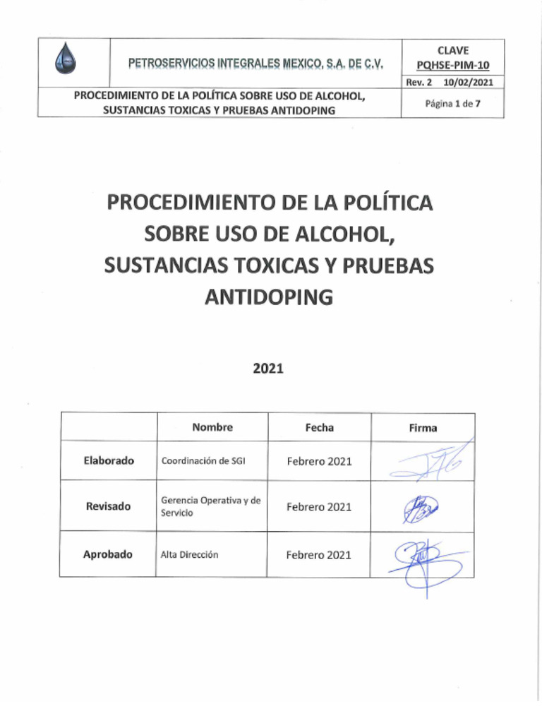 PQHSE-PIM-10 PROCEDIMIENTO DE LA POLÍTICA SOBRE USO DE ALCOHOL, SUSTANCIAS TOXICAS Y PRUEBAS ...