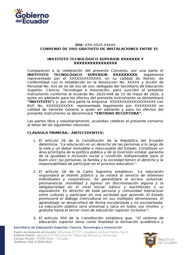 13.2. - Plantilla - Convenio - Uso - Gratuito - de - Instalaciones Actualizada | PDF