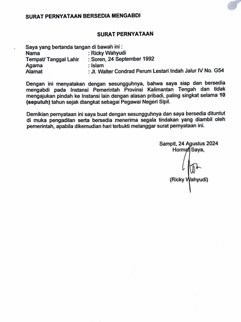 Surat Pernyataan Mengabdi | PDF