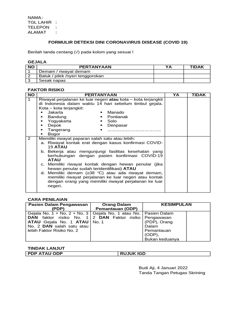 Form Skrining Covid19 | PDF
