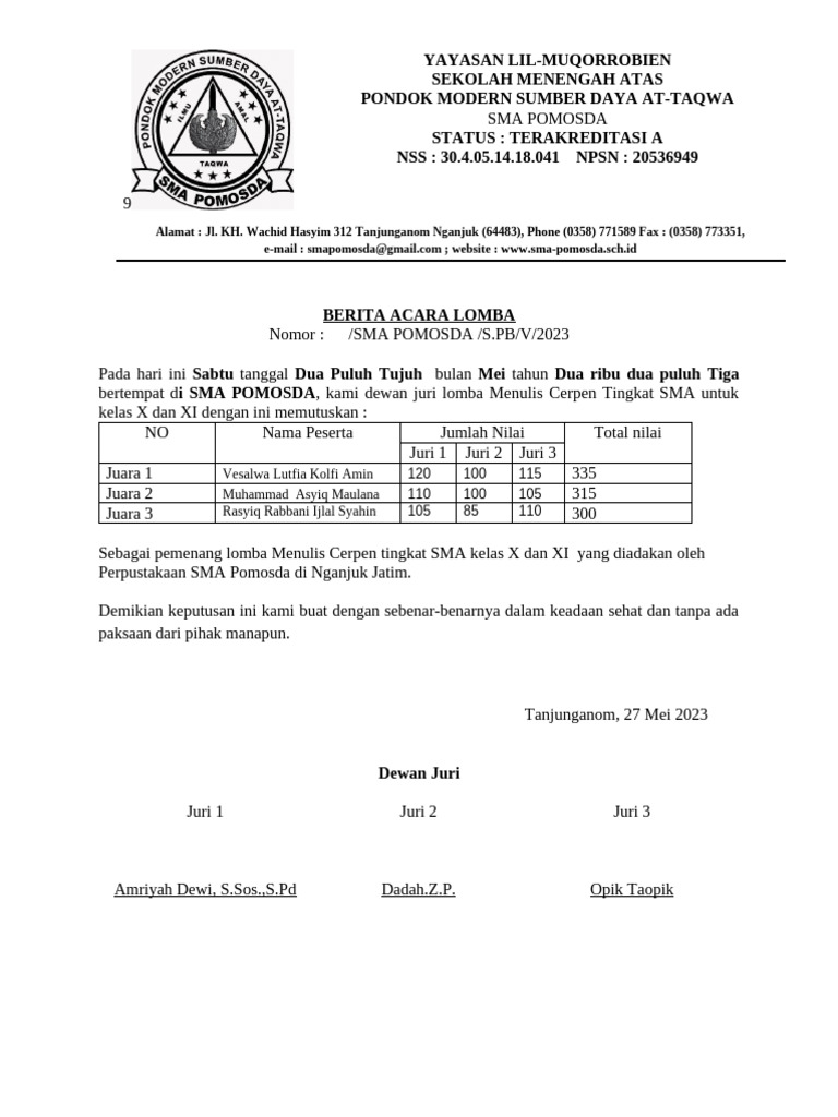 BERITA ACARA LOMBA | PDF