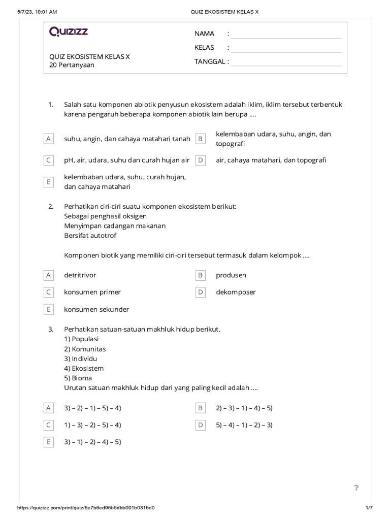 QUIZ EKOSISTEM KELAS X | PDF