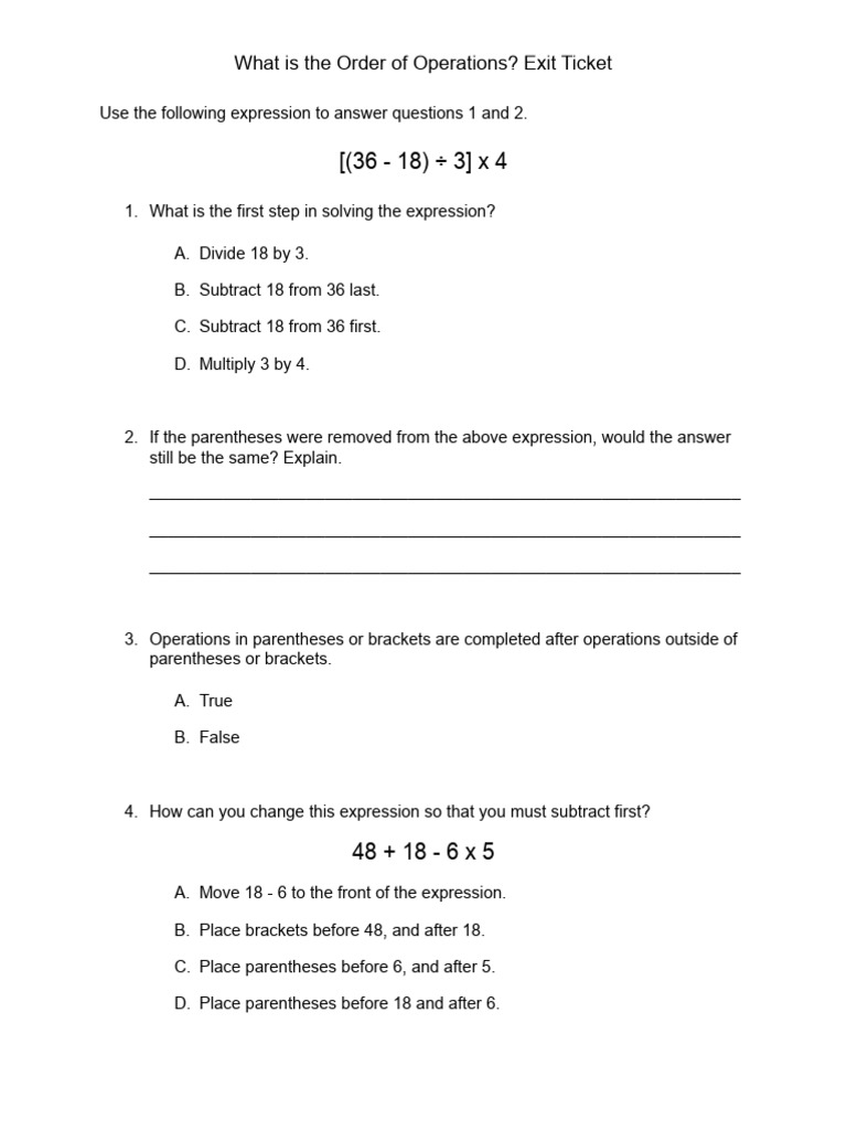 What Is The Order of Operations Exit Ticket | PDF