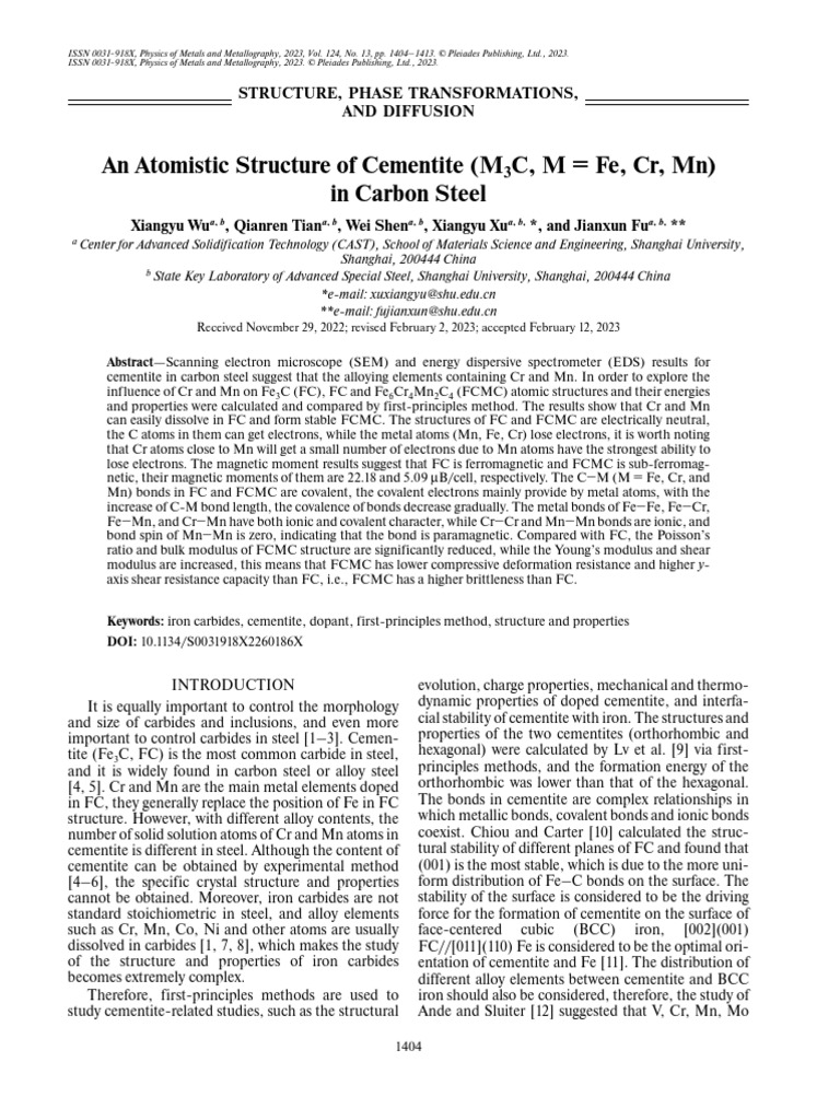 An Atomistic Structure of Cementite (M3C, M Fe, CR, MN) in Carbon Steel ...