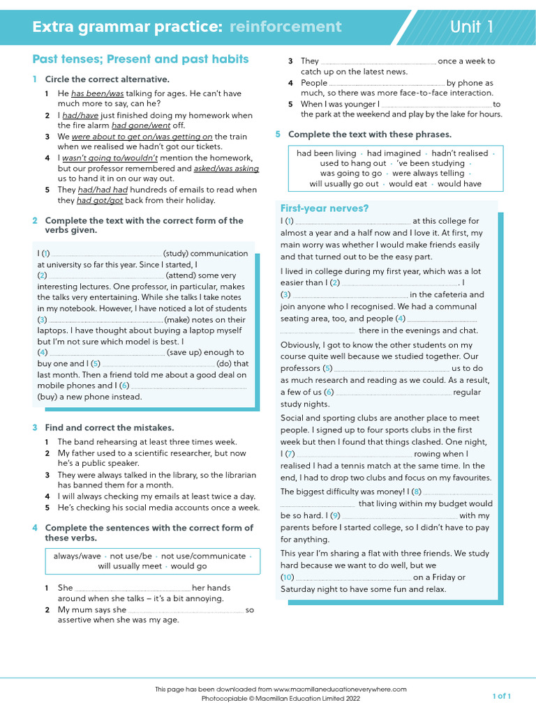 B2PLUS U1 Extra Grammar Practice Reinforcement | PDF | Linguistics | Language Arts & Discipline