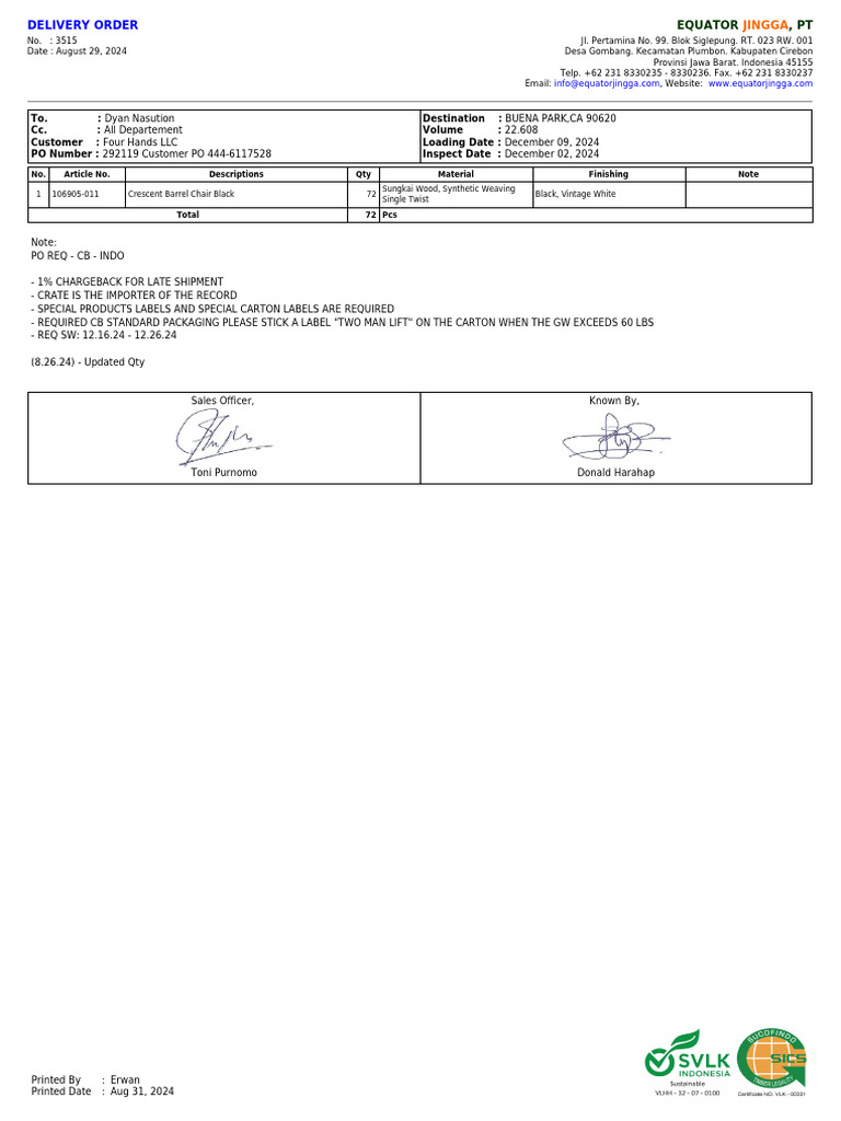 DO 3515 Four Hands LLC 292119 Customer PO 444-6117528 | PDF