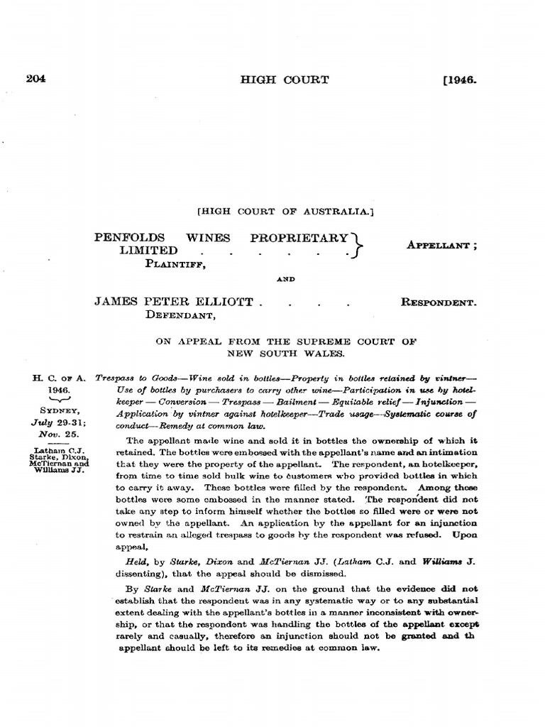 Penfolds Wines Pty LTD V Elliott (1946) HCA 46 (1946) 74 CLR 204 | PDF