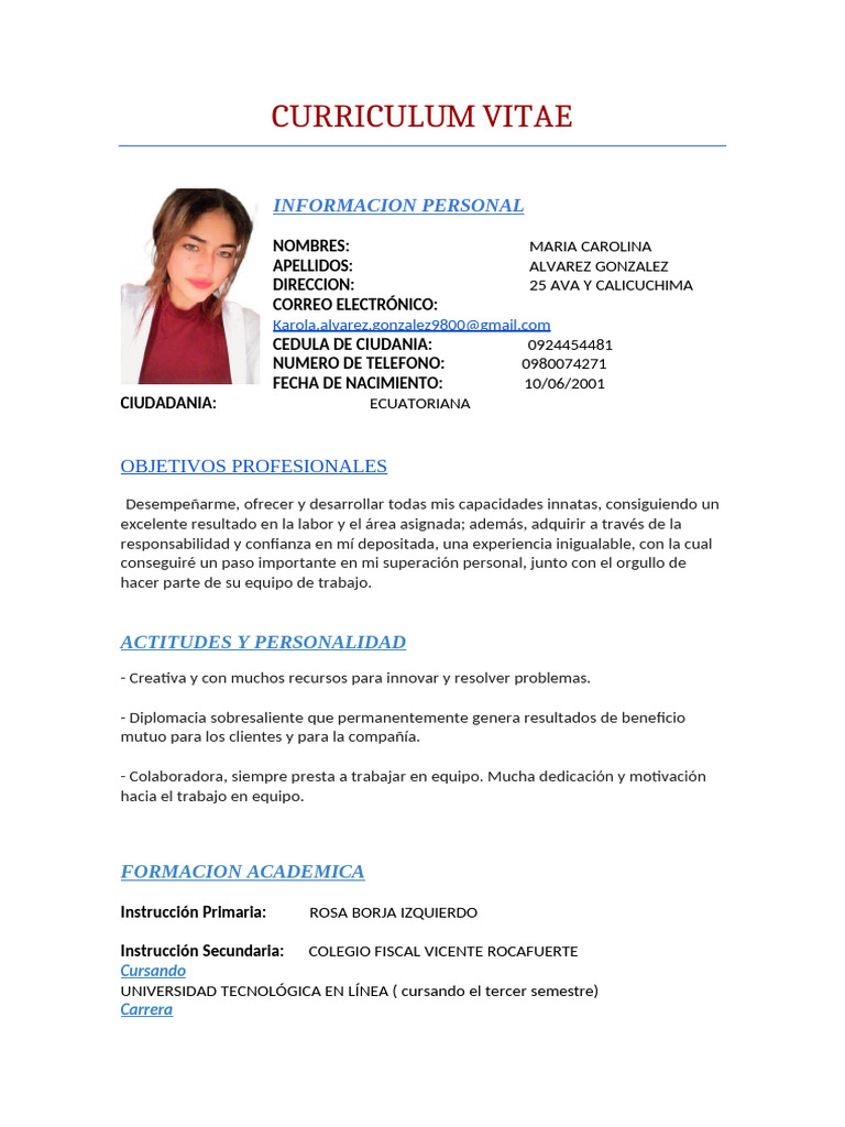 Curriculum - Vitae CAROL ALVAREZ | PDF