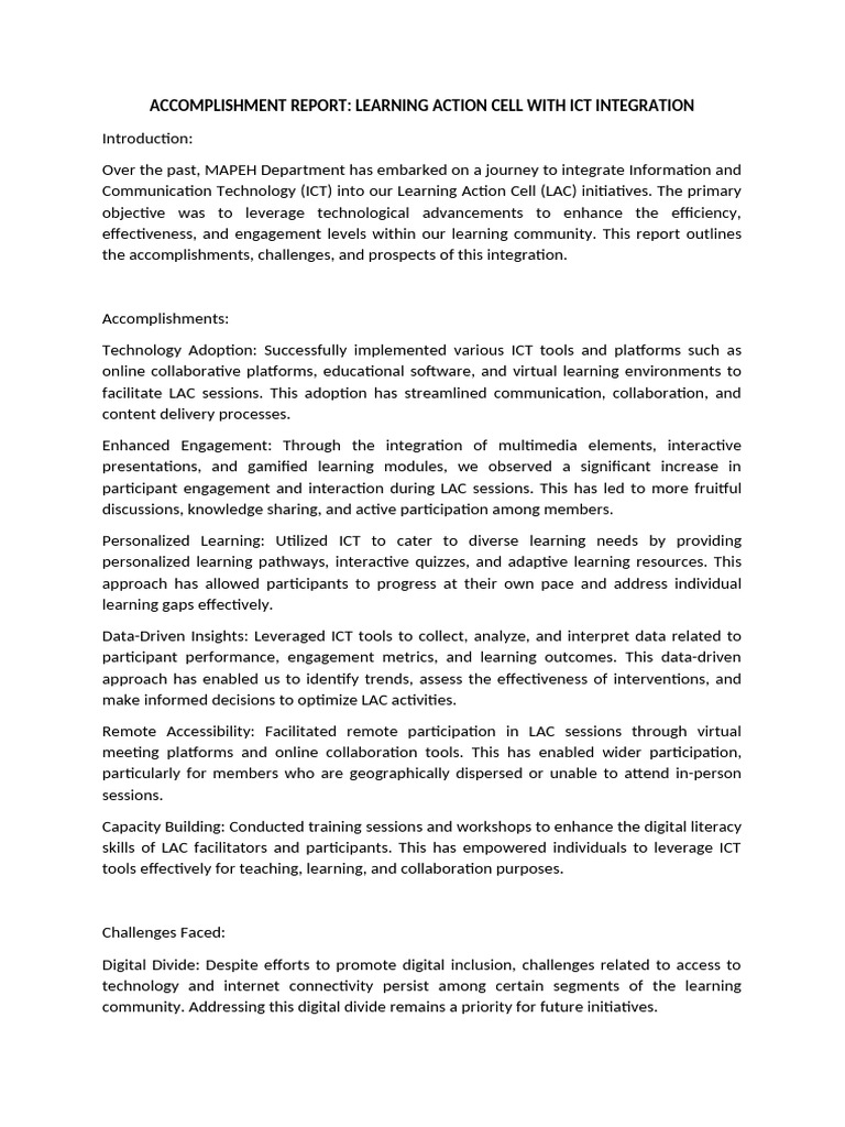 Accomplishment Report Learning Action Cell With Ict Integration | PDF ...