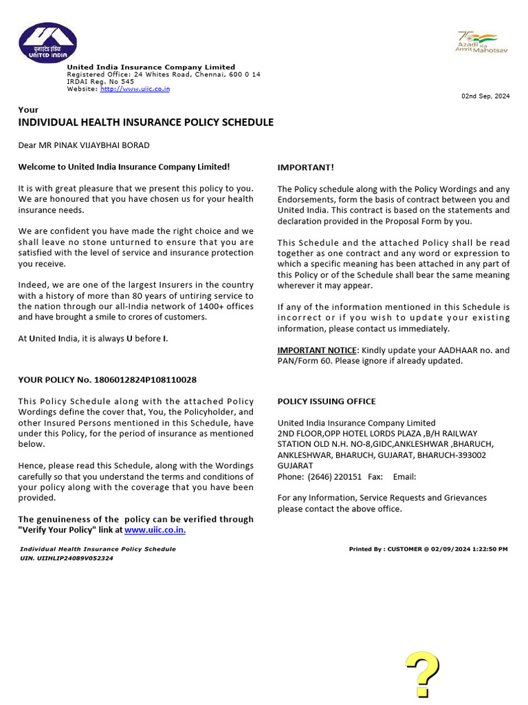 Individual Health Insurance Policy Schedule: Welcome To United India ...