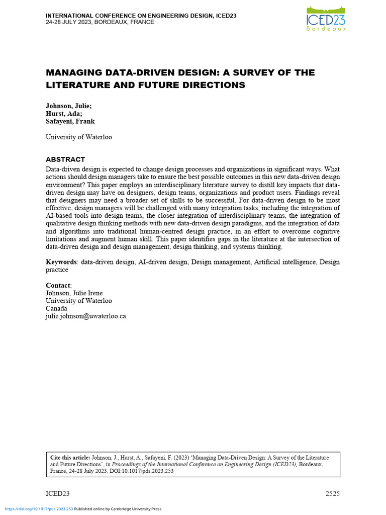 Managing Data Driven Design a Survey of the Literature and Future ... Managing Data Driven Design a Survey of the Literature and Future ...